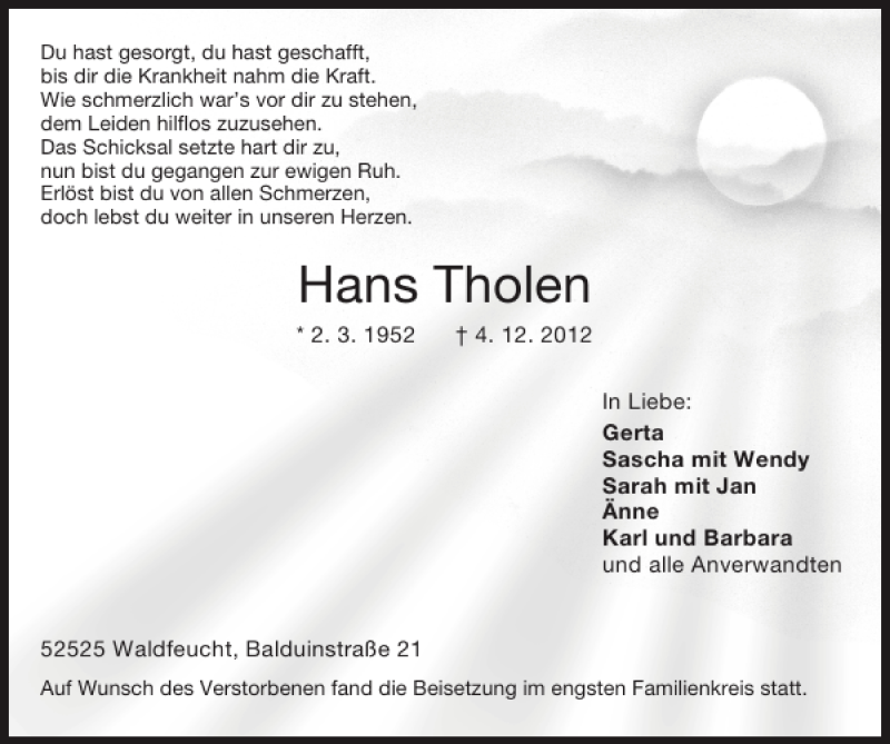 Traueranzeigen von Hans Tholen | Aachen gedenkt Traueranzeigen von Hans Tholen | Aachen gedenkt