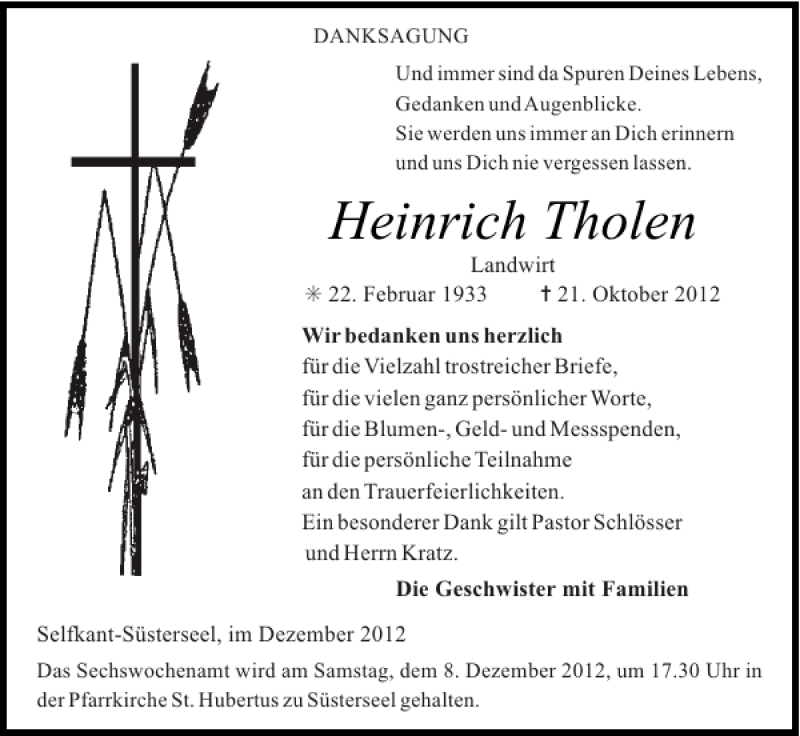 Traueranzeigen von Heinrich Tholen | Aachen gedenkt Traueranzeigen von Heinrich Tholen | Aachen gedenkt