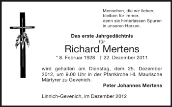 Traueranzeigen von Richard Mertens | Aachen gedenkt