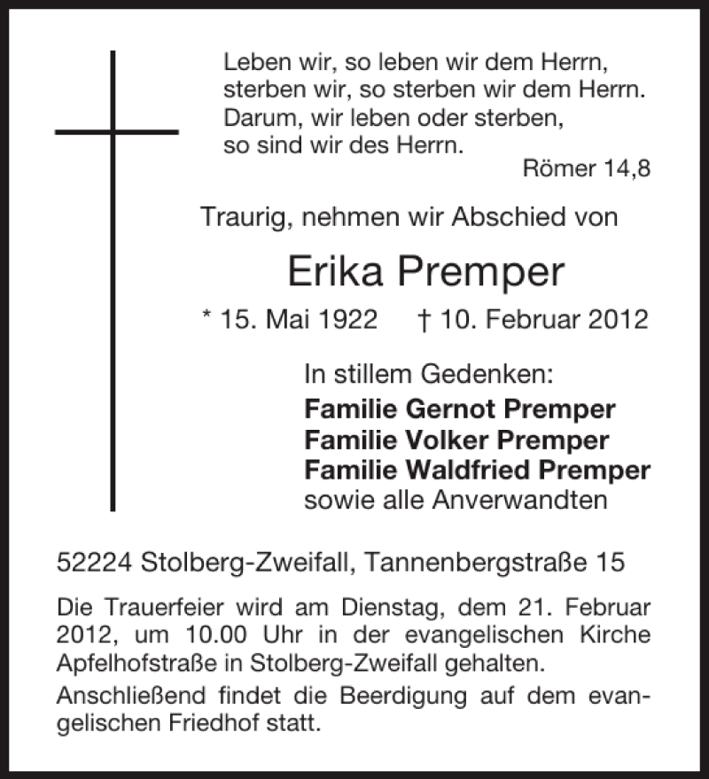 Traueranzeigen von Erika Premper | Aachen gedenkt