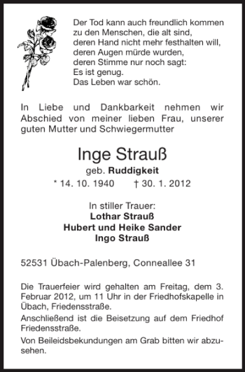 Traueranzeigen von Inge Strauß | Aachen gedenkt