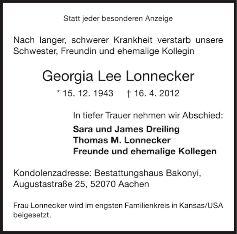 Traueranzeigen von Georgia Lee Lonnecker | Aachen gedenkt
