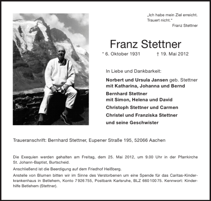 Traueranzeigen von Franz Stettner | Aachen gedenkt