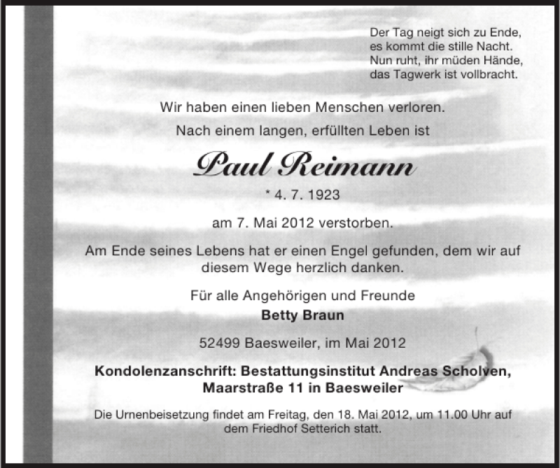 Traueranzeigen von Paul Reimann | Aachen gedenkt