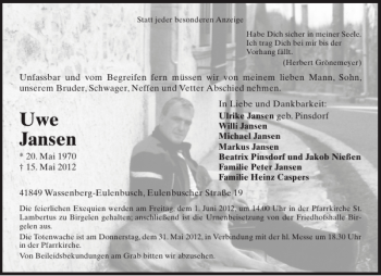 Traueranzeigen von Uwe Jansen | Aachen gedenkt