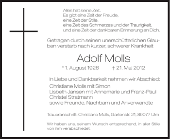 Traueranzeigen von Adolf Molls | Aachen gedenkt