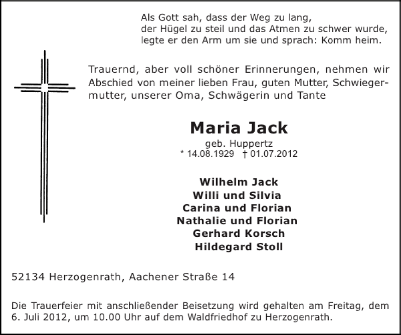 Traueranzeigen von Maria Jack | Aachen gedenkt