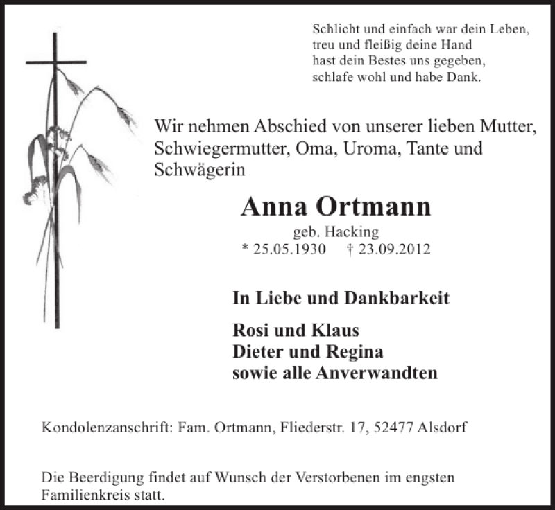 Traueranzeigen von Anna Ortmann | Aachen gedenkt