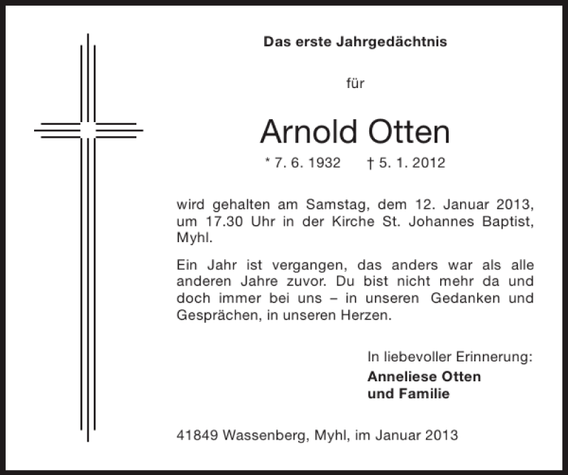 Traueranzeigen von Arnold Otten | Aachen gedenkt