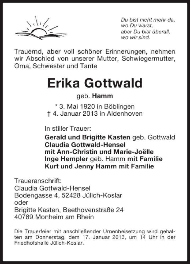 Traueranzeigen von Erika Gottwald | Aachen gedenkt