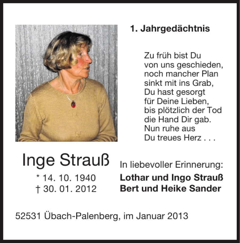 Traueranzeigen von Inge Strauß | Aachen gedenkt