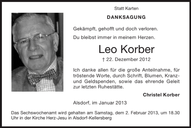 Traueranzeigen von Leo Korber | Aachen gedenkt