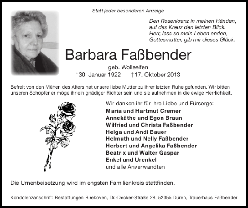 Traueranzeigen von Barbara Faßbender | Aachen gedenkt