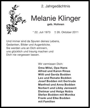 Traueranzeigen von Melanie Klinger | Aachen gedenkt