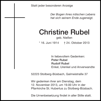 Traueranzeigen von Christine Rubel | Aachen gedenkt