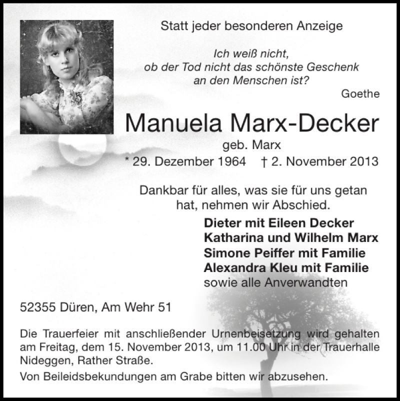 Traueranzeigen von Manuela Marx-Decker | Aachen gedenkt