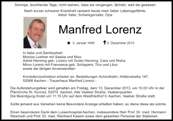 Traueranzeigen von Manfred Lorenz | Aachen gedenkt