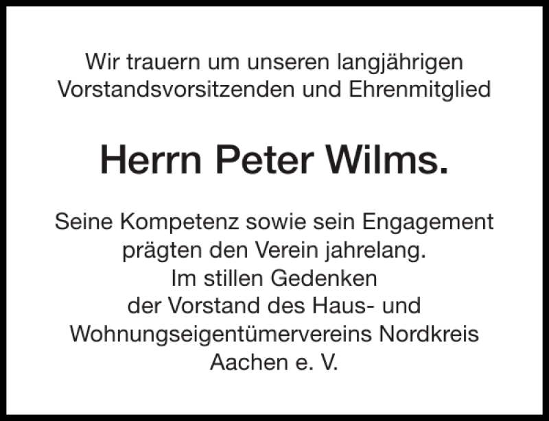 Traueranzeigen von Peter Wilms | Aachen gedenkt