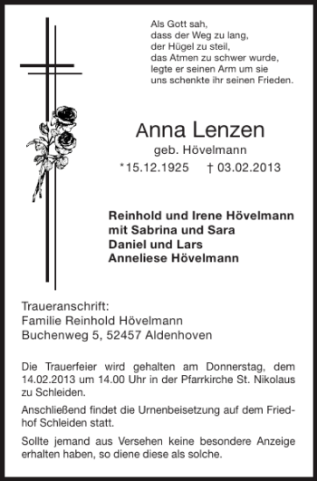 Traueranzeigen von Anna Lenzen | Aachen gedenkt