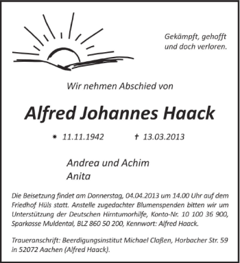 Traueranzeigen von Alfred Johannes Haack | Aachen gedenkt