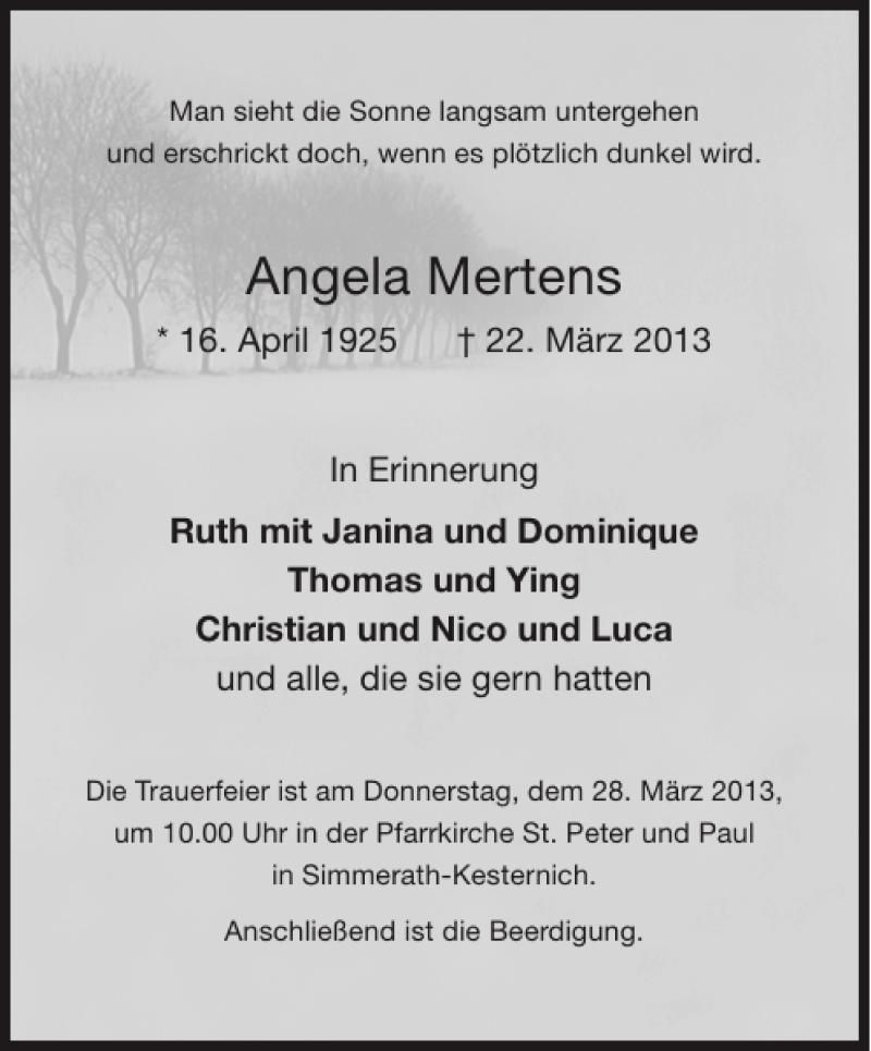 Traueranzeigen von Angela Mertens | Aachen gedenkt