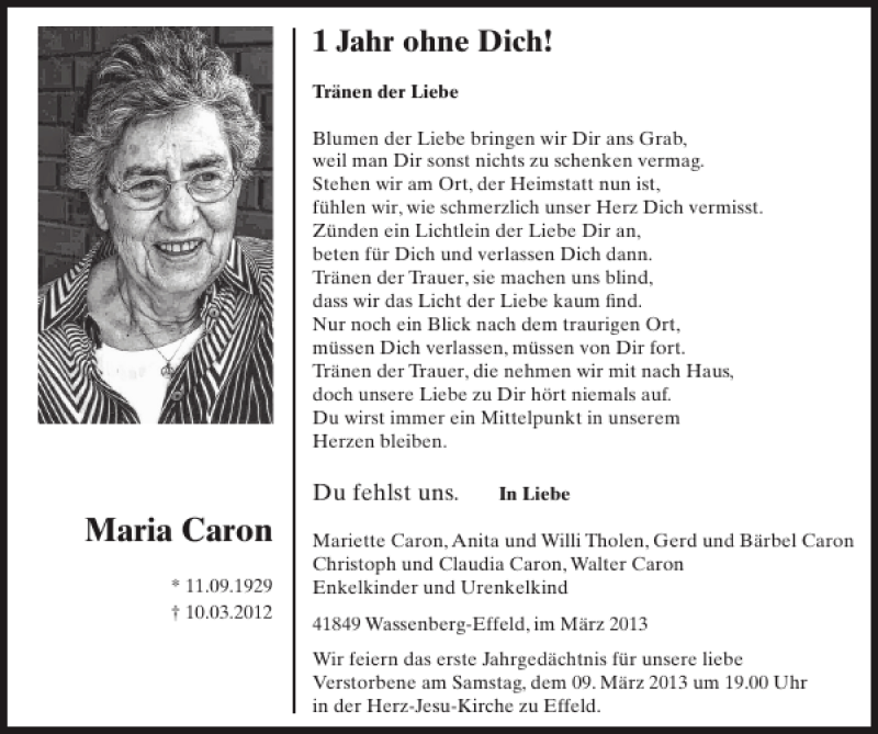 Traueranzeigen von Maria Caron | Aachen gedenkt
