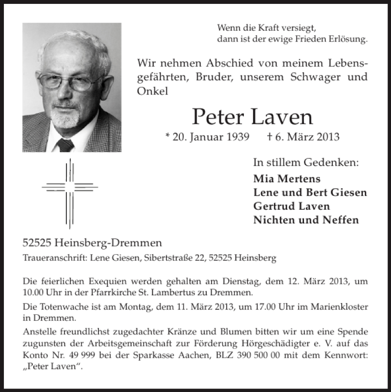 Traueranzeigen von Peter Laven | Aachen gedenkt