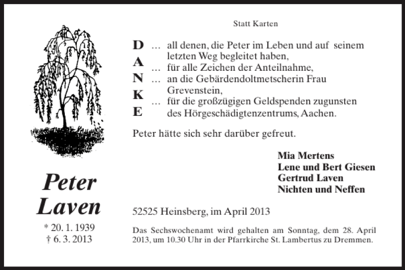 Traueranzeigen von Peter Laven | Aachen gedenkt