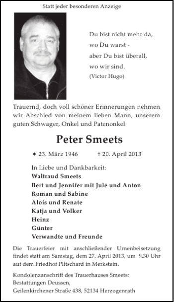 Traueranzeigen von Peter Smeets | Aachen gedenkt