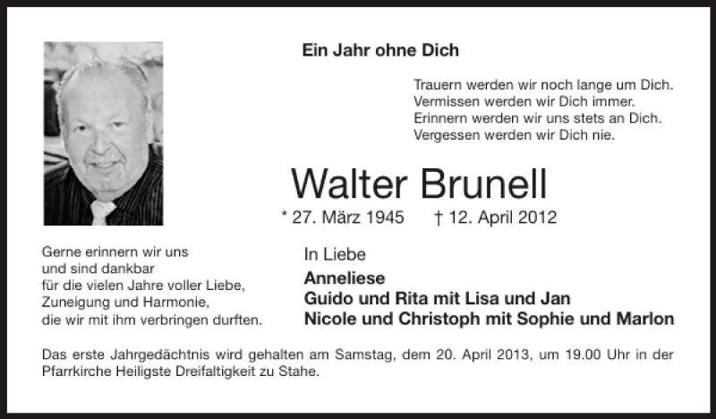 Traueranzeigen von Walter Brunell | Aachen gedenkt