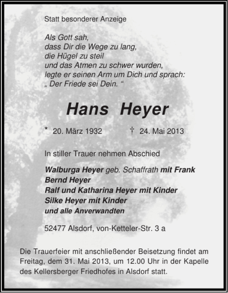 Traueranzeigen von Hans Heyer | Aachen gedenkt