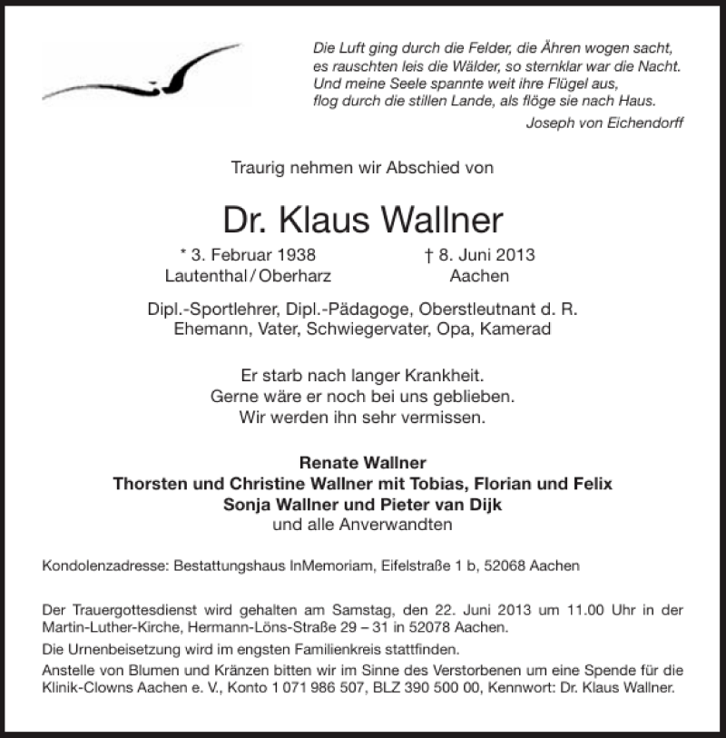 Traueranzeigen von Dr. Klaus Wallner | Aachen gedenkt