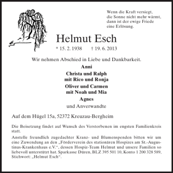 Traueranzeigen von Helmut Esch | Aachen gedenkt