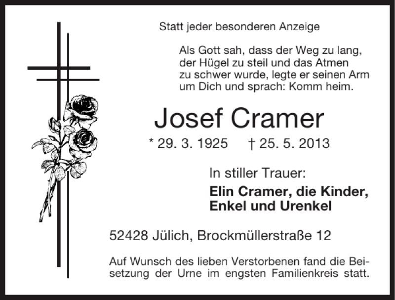 Traueranzeigen von Josef Cramer | Aachen gedenkt