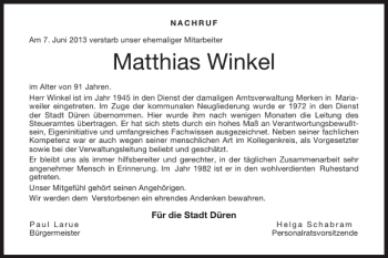 Traueranzeigen von Matthias Winkel | Aachen gedenkt