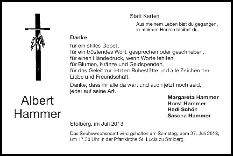 Traueranzeigen von Albert Hammer | Aachen gedenkt Traueranzeigen von Albert Hammer | Aachen gedenkt