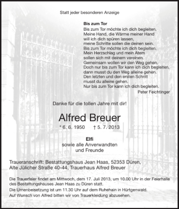 Traueranzeigen von Alfred Breuer | Aachen gedenkt