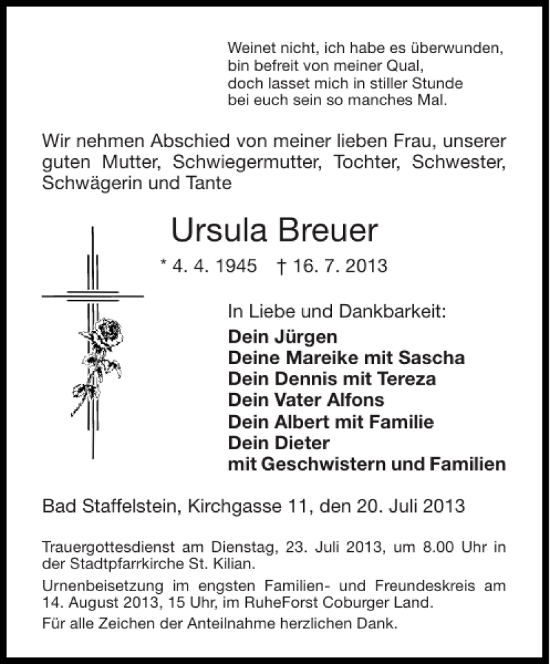 Traueranzeigen von Ursula Breuer | Aachen gedenkt Traueranzeigen von Ursula Breuer | Aachen gedenkt