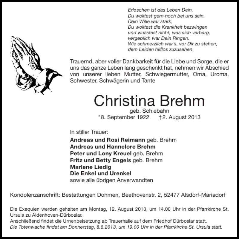 Traueranzeigen von Christina Brehm | Aachen gedenkt