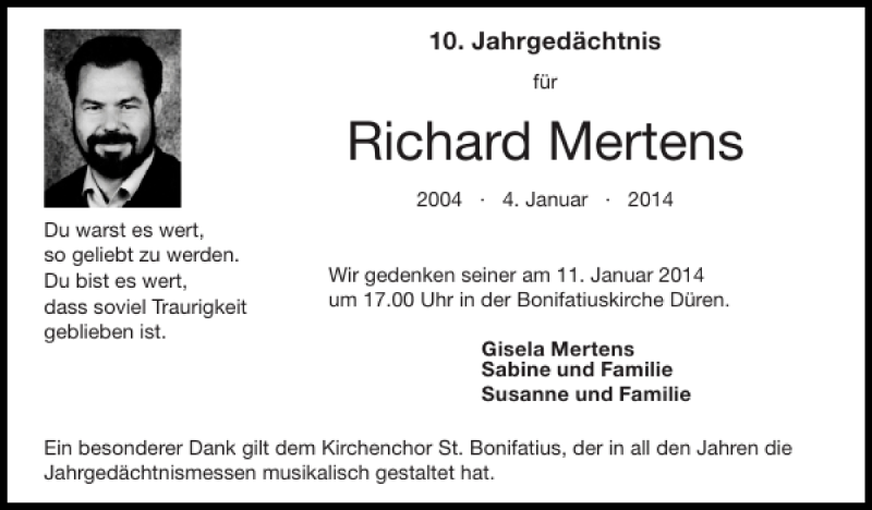 Traueranzeigen von Richard Mertens | Aachen gedenkt