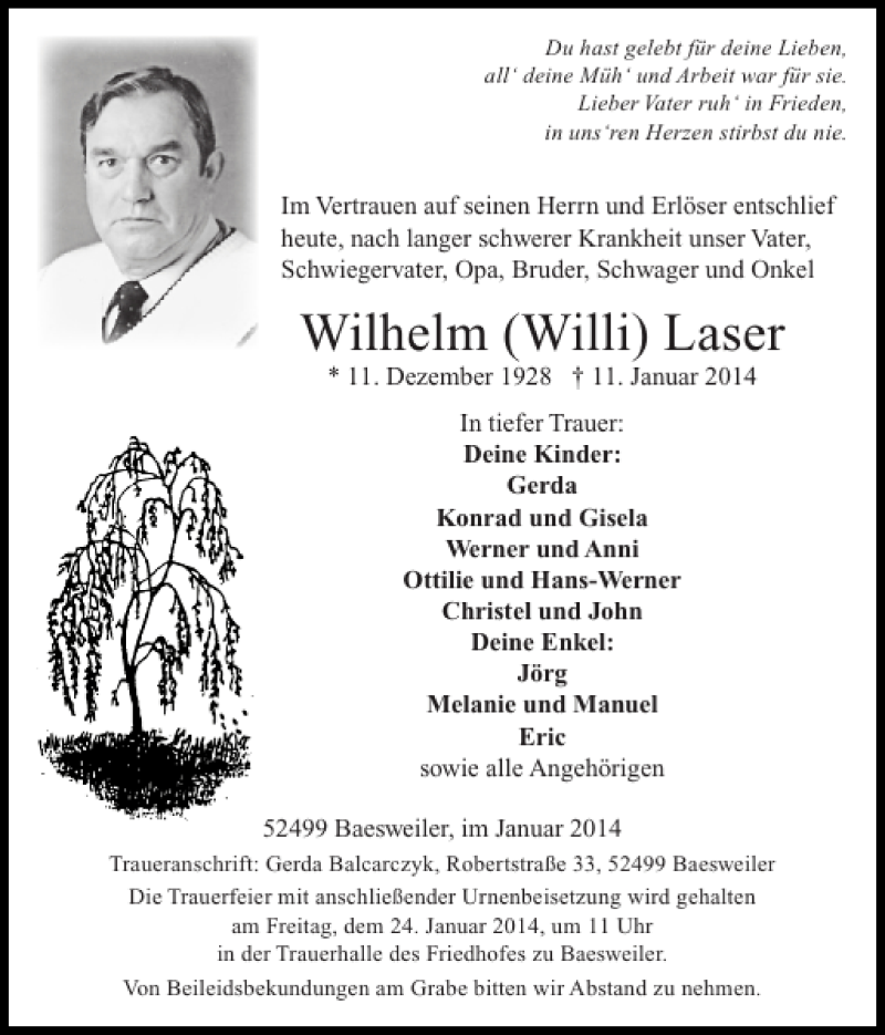 Traueranzeigen von Wilhelm Willi Laser | Aachen gedenkt