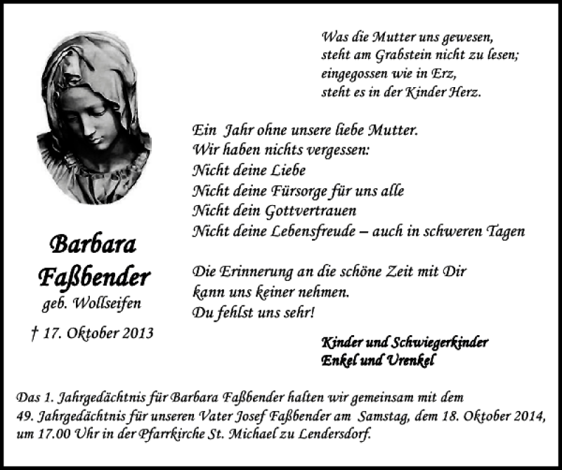 Traueranzeigen von Barbara Faßbender | Aachen gedenkt