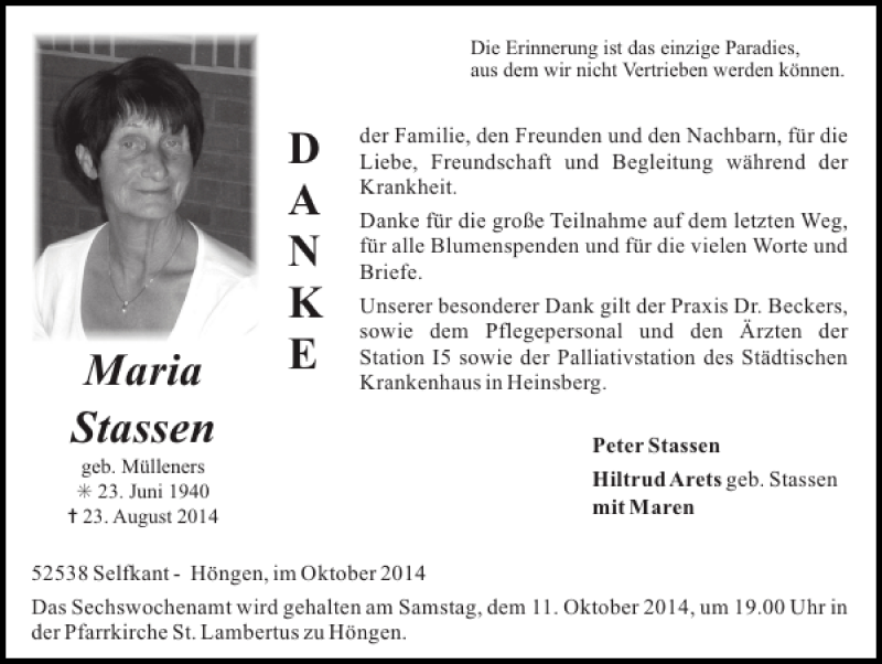 Traueranzeigen von Maria Stassen | Aachen gedenkt