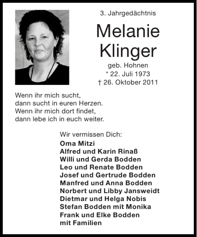 Traueranzeigen von Melanie Klinger | Aachen gedenkt