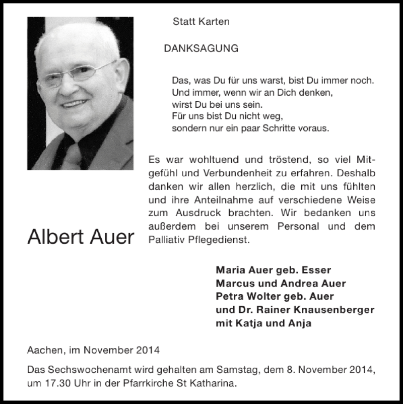 Traueranzeigen von Albert Auer | Aachen gedenkt