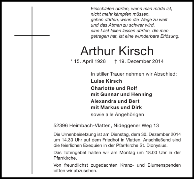 Traueranzeigen von Arthur Kirsch | Aachen gedenkt