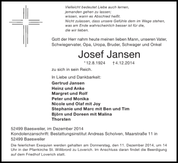 Traueranzeigen von Josef Jansen | Aachen gedenkt