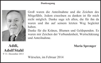 Traueranzeigen von Addi Adolf Stahl | Aachen gedenkt