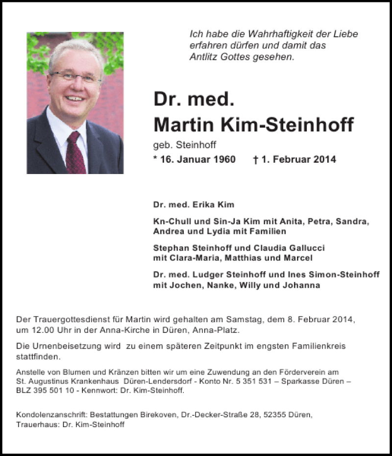 Traueranzeigen von Dr. med.Martin Kim-Steinhoff | Aachen gedenkt