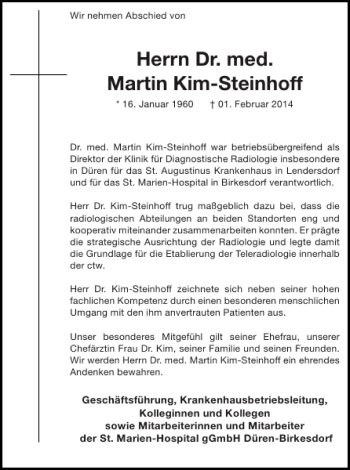 Traueranzeigen von Dr. med.Martin Kim-Steinhoff | Aachen gedenkt